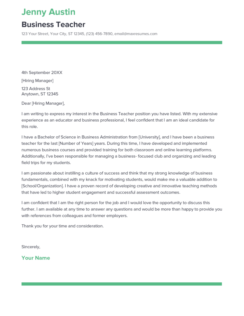 Best Business Teacher Cover Letter Example for 2023