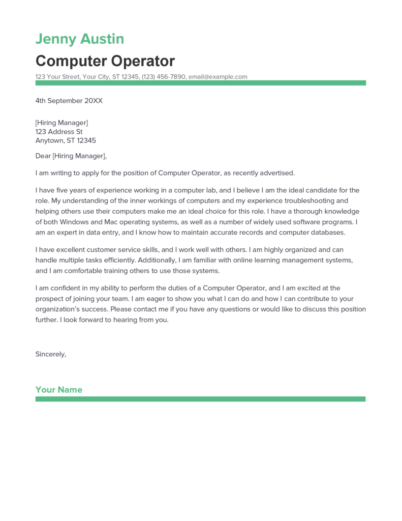 Best Computer Operator Cover Letter Example for 2023