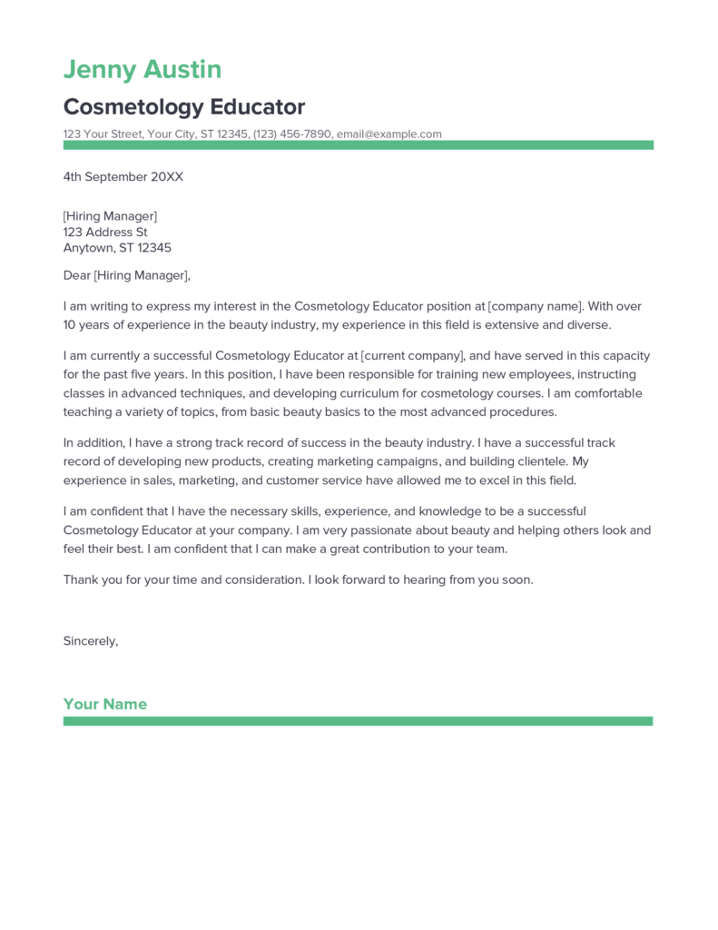 Best Cosmetology Educator Cover Letter Example for 2023 Best Cosmetology Educator Cover Letter Example for 2023
