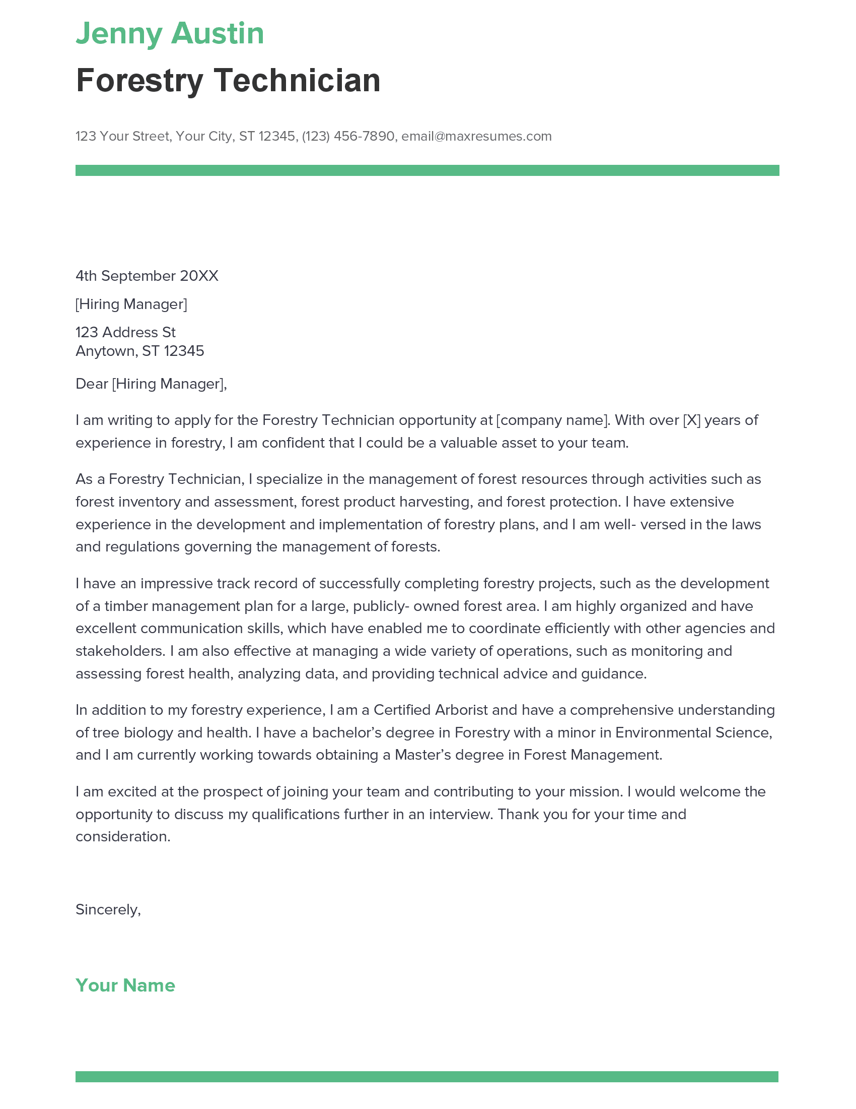 Best Forestry Technician Cover Letter Example For 2023