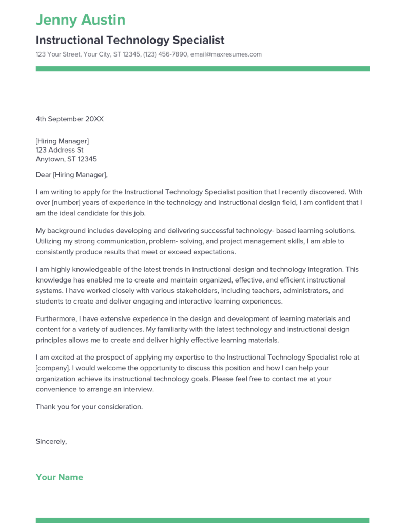 Best Instructional Technology Specialist Cover Letter Example for 2023 Best Instructional Technology Specialist Cover Letter Example for 2023