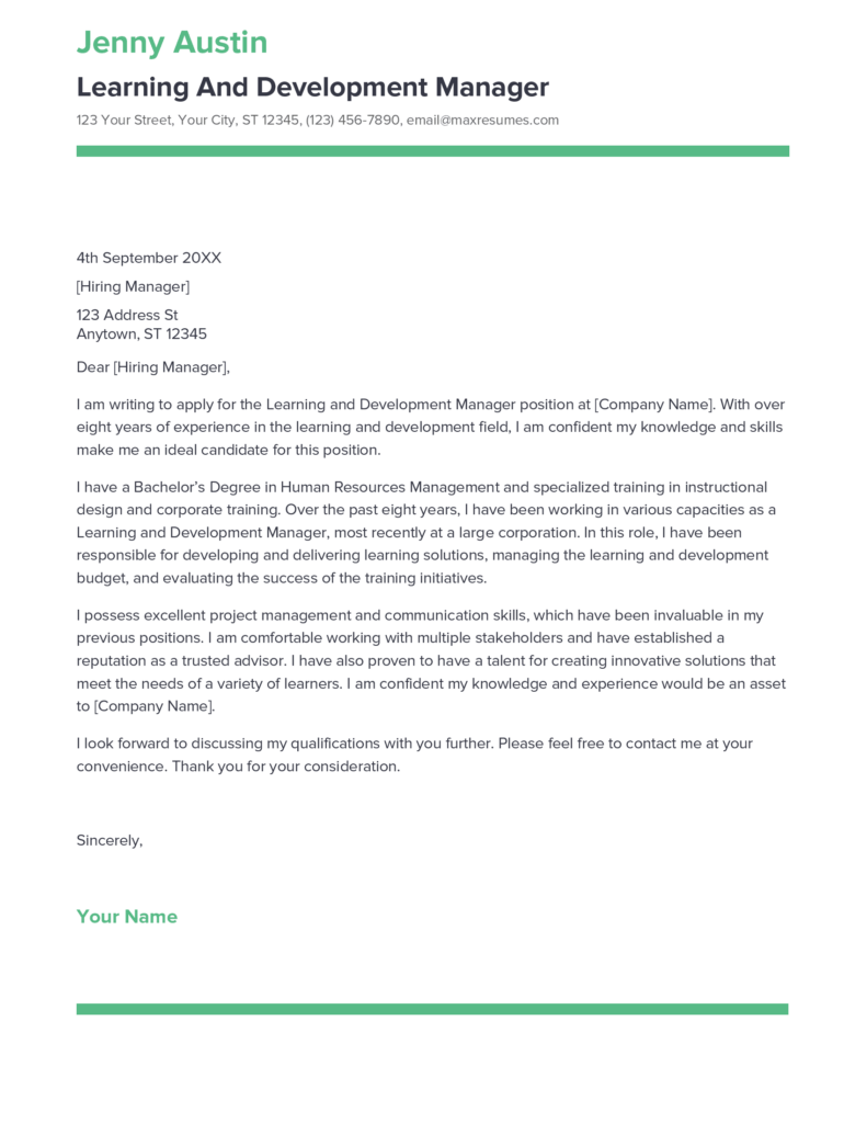 Best Learning And Development Manager Cover Letter Example For 2023