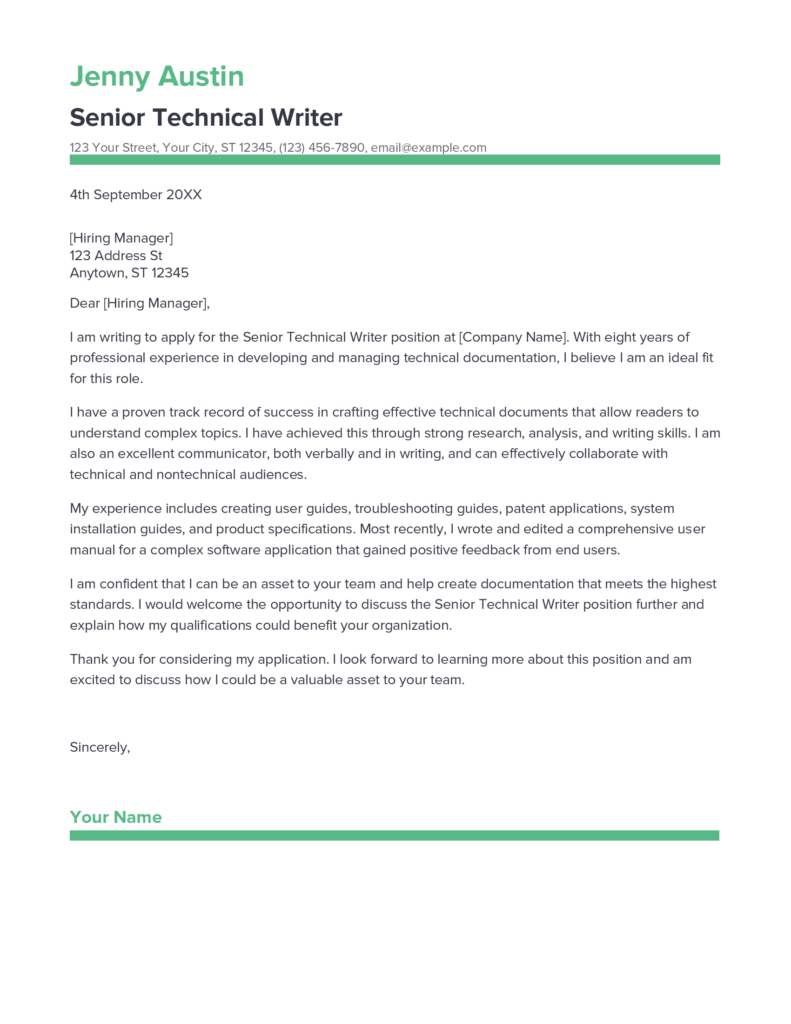 Best Senior Technical Writer Cover Letter Example for 2023 Best Senior Technical Writer Cover Letter Example for 2023