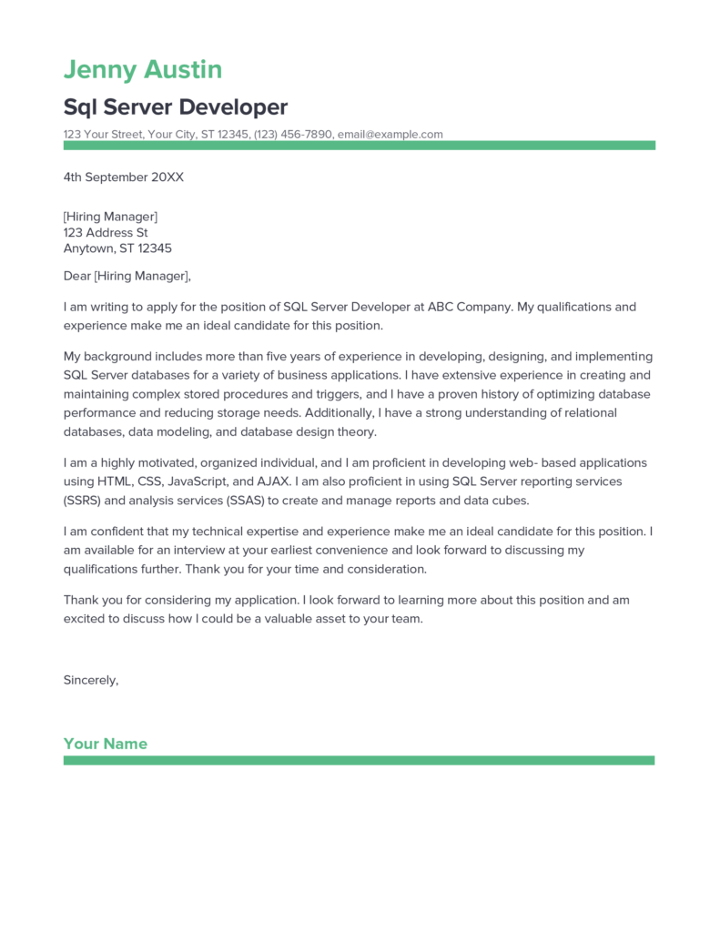 Best Sql Server Developer Cover Letter Example for 2023