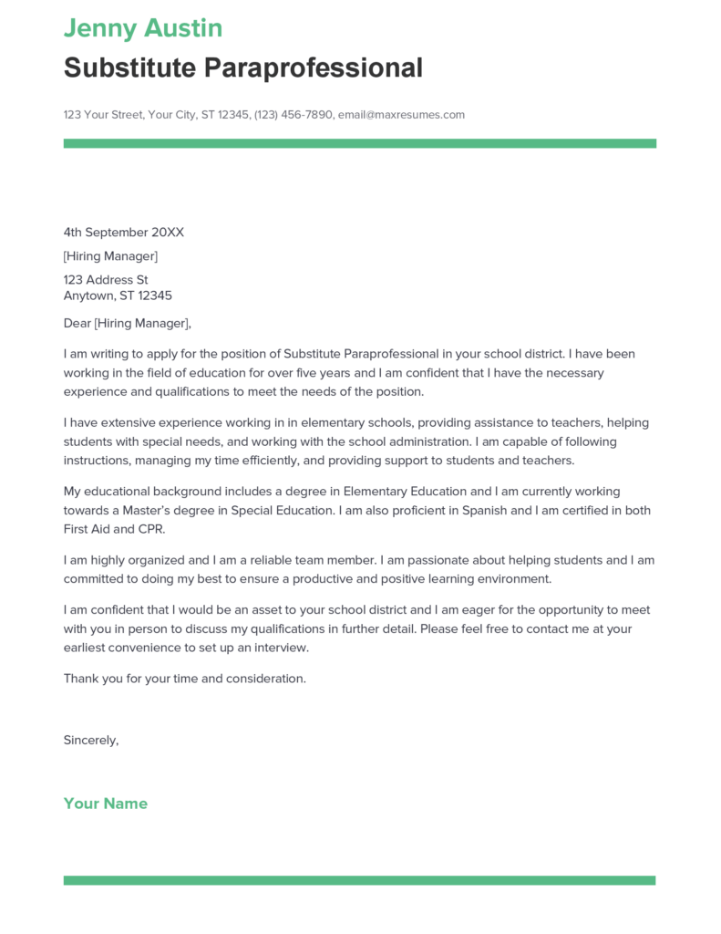 Best Substitute Paraprofessional Cover Letter Example For 2023 best-substitute-paraprofessional-cover-letter-example-for-2023