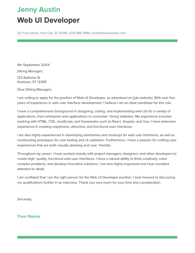 Best Web UI Developer Cover Letter Example for 2023