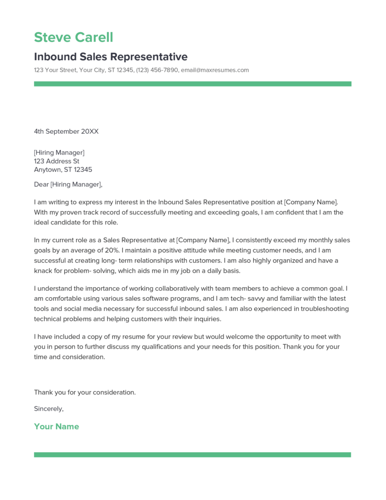 Best Inbound Sales Representative Cover Letter Example for 2023 Best Inbound Sales Representative Cover Letter Example for 2023